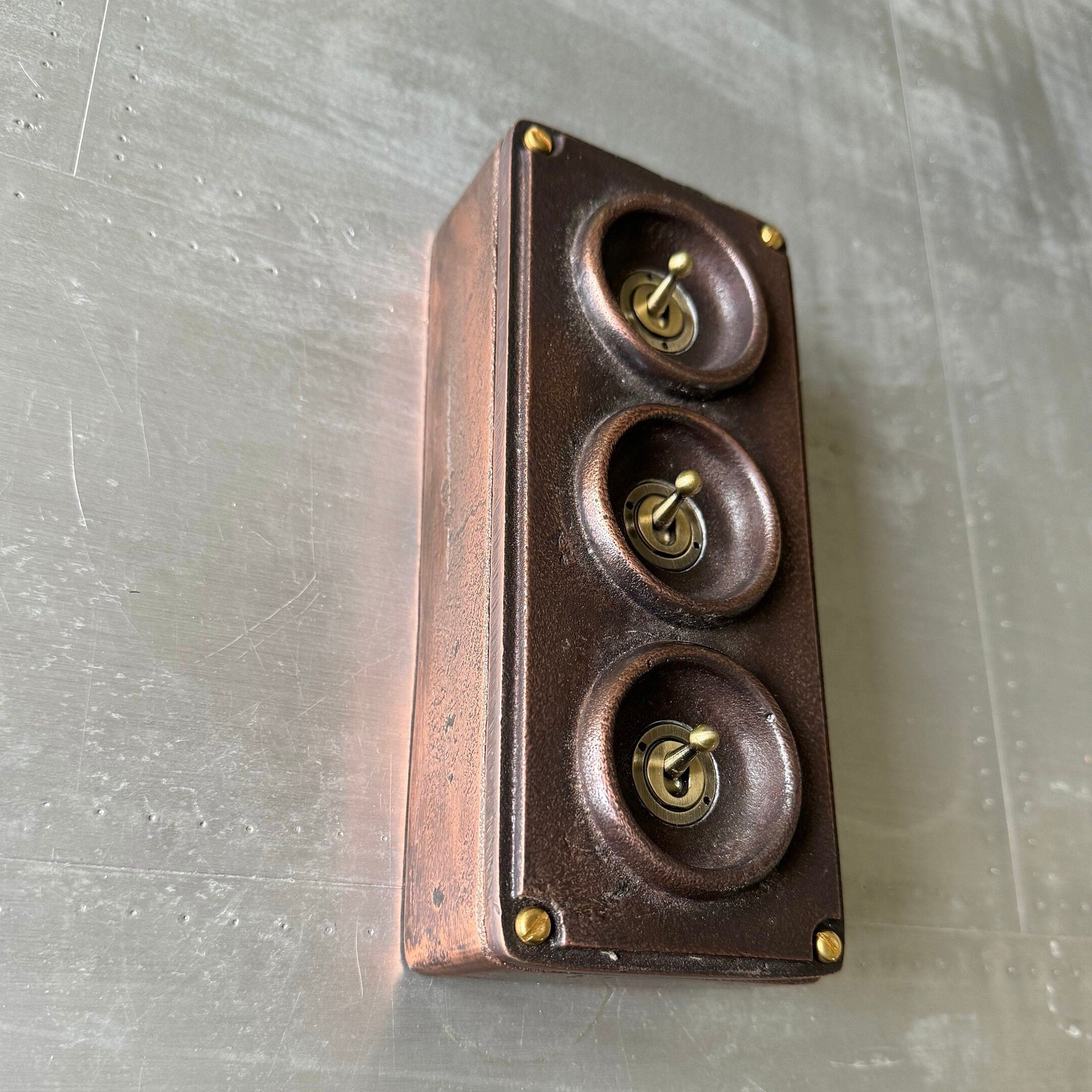 3 Gang Solid Cast Antique Copper Metal Conduit Light Switch Industrial ...